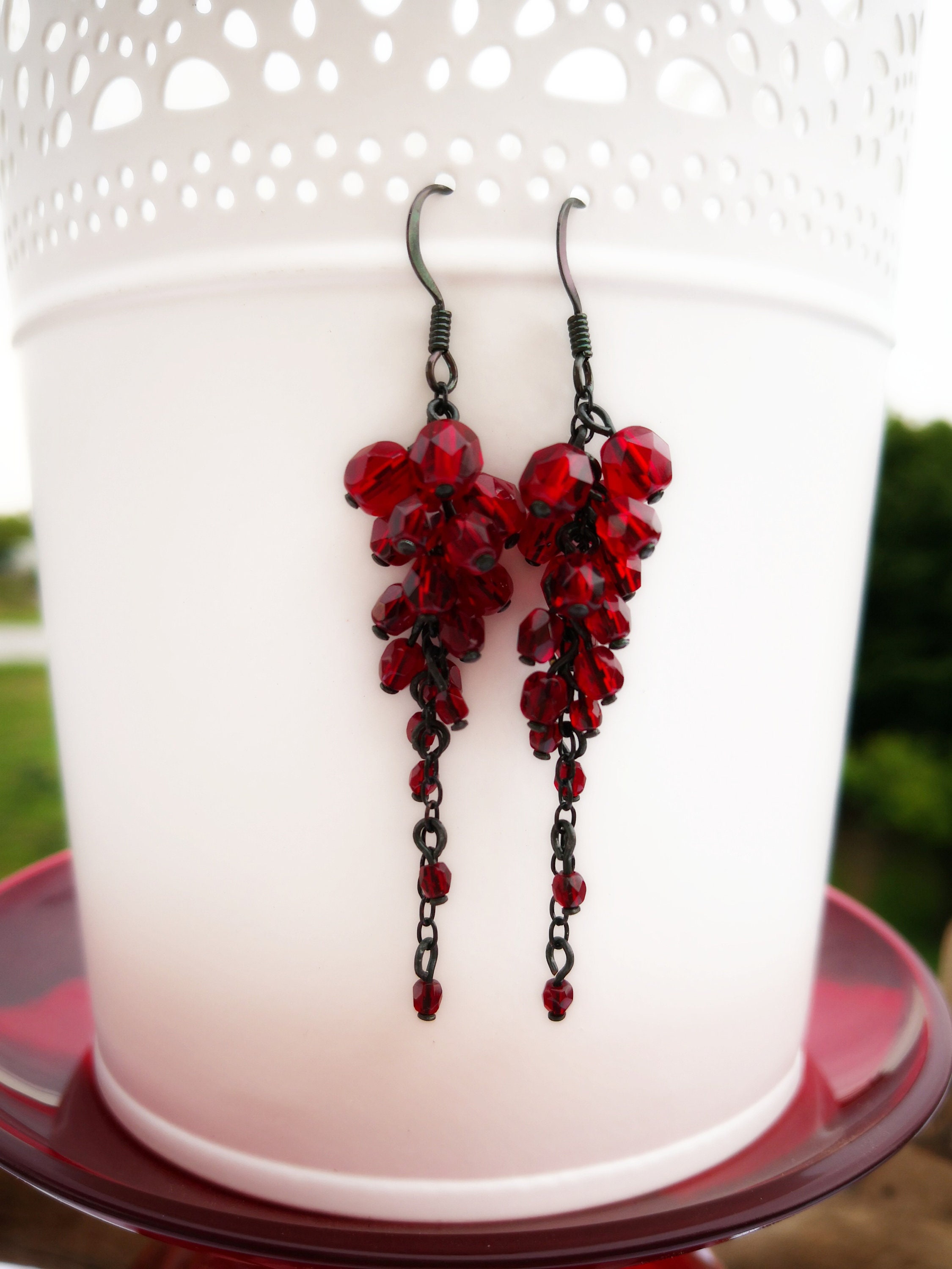 Red dangle earrings Drop earrings Crystal cluster earrings | Etsy