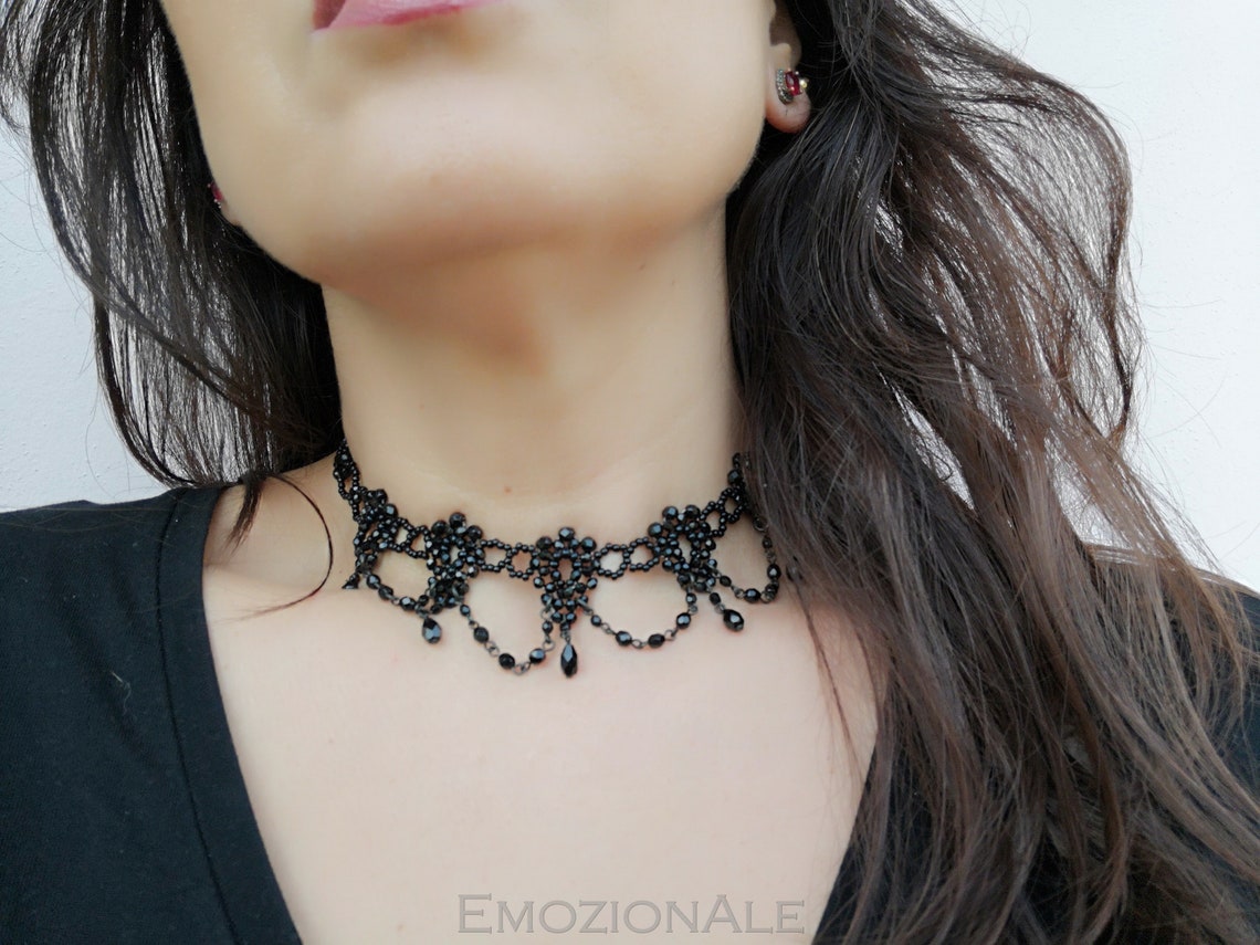 Black deep Victorian necklace Woven black Victorian crystal | Etsy