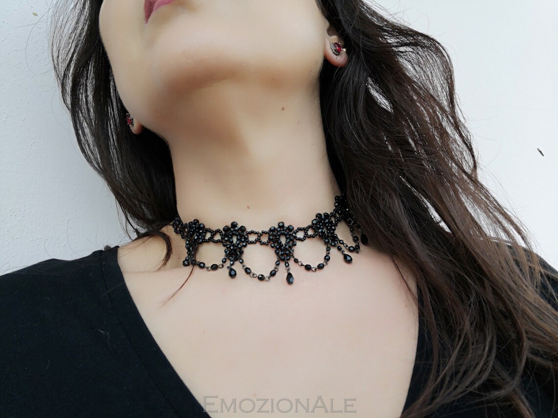Black deep Victorian necklace Woven black Victorian crystal | Etsy