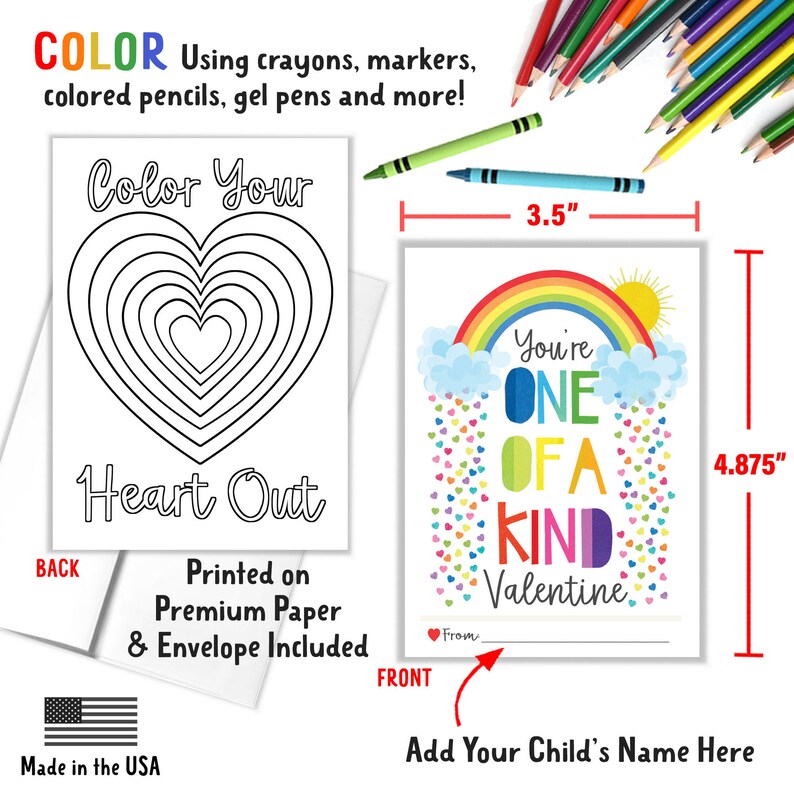 Quick Ship Rainbow Valentine for Kids Coloring Card for - Etsy