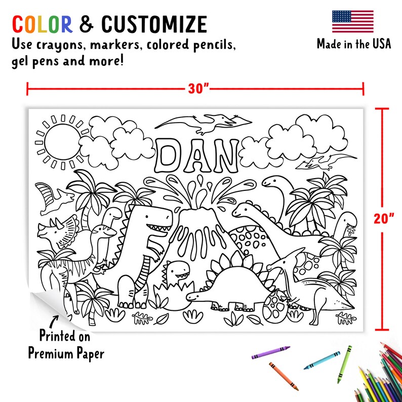Personalized Dinosaur Coloring Poster 30"x20" : Party Decor - Etsy