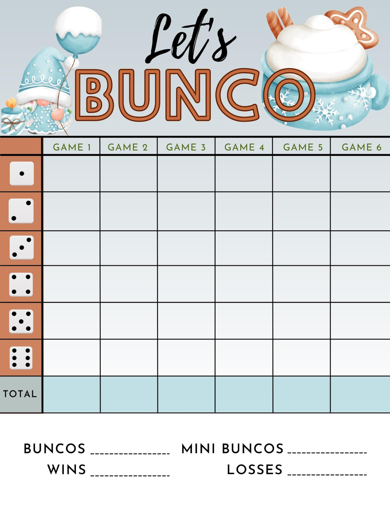 Winter Themed Bunco Score Card Sheets Pad Printable Winter Bunko Score ...