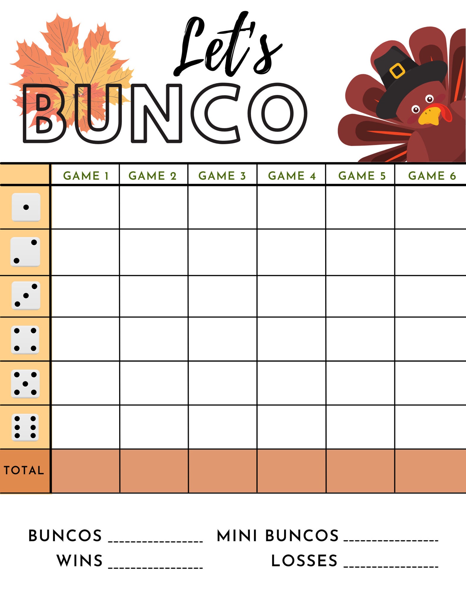 Fall Themed Bunco Score Card Sheets Pad Printable Autumn Bunko Score ...