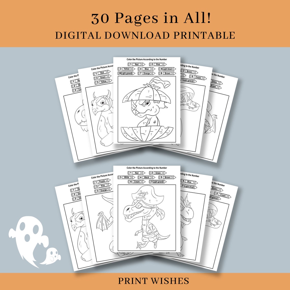 Dinosaur Color by Number Halloween Coloring Page Sheets Printable ...