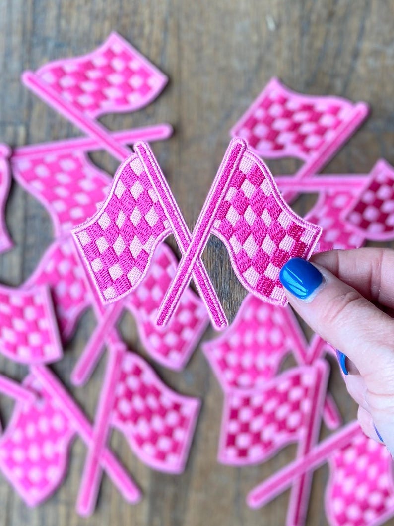 Pink Racing Flags Embroidered Patch, Trucker Hat Applique (3.5" X 2.5 ...