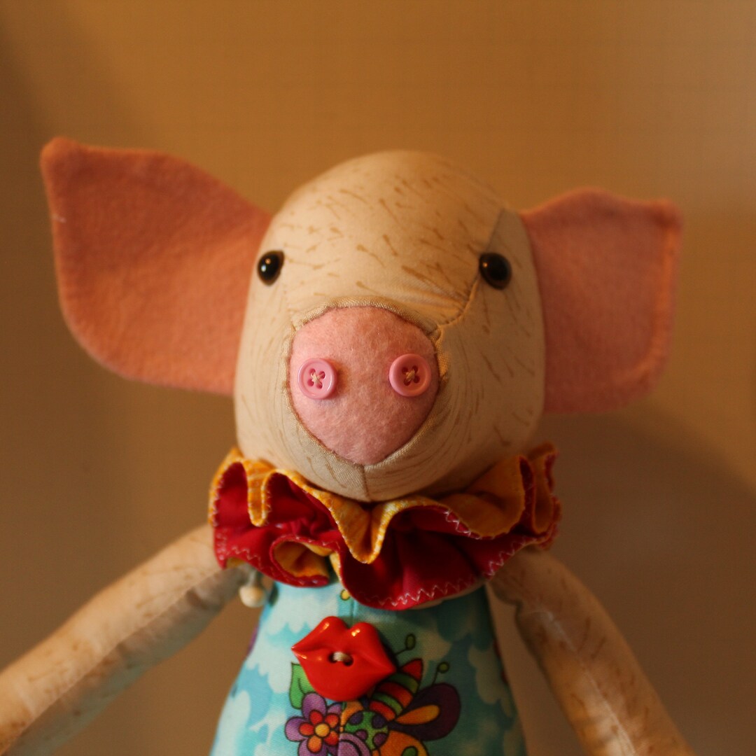 Handmade Fabric Patchwork PIG 12 Plush Stuffed Animal Jointed Neck New ...