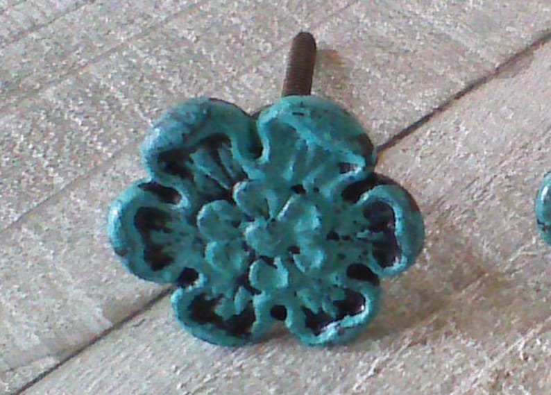 Cast Iron Flower Knobs Rustic Turquoise Drawer Knobs - Etsy