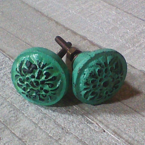 Cast Iron Flower Knobs Rustic Turquoise Drawer Knobs - Etsy