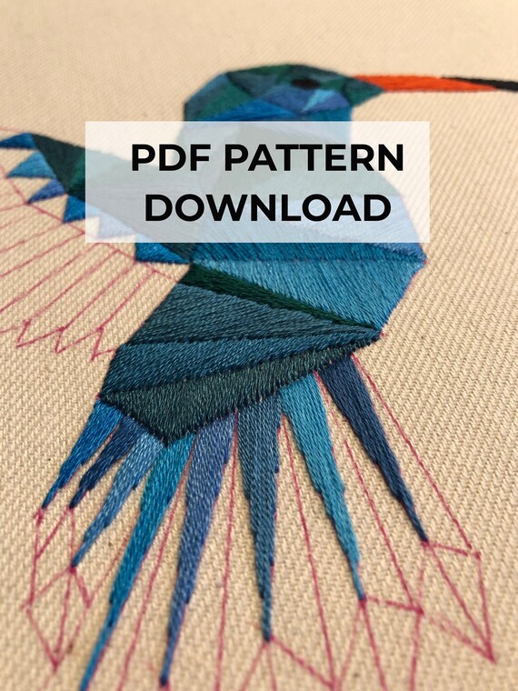 Hummingbird geometric embroidery pattern 6 & 11 inch color | Etsy