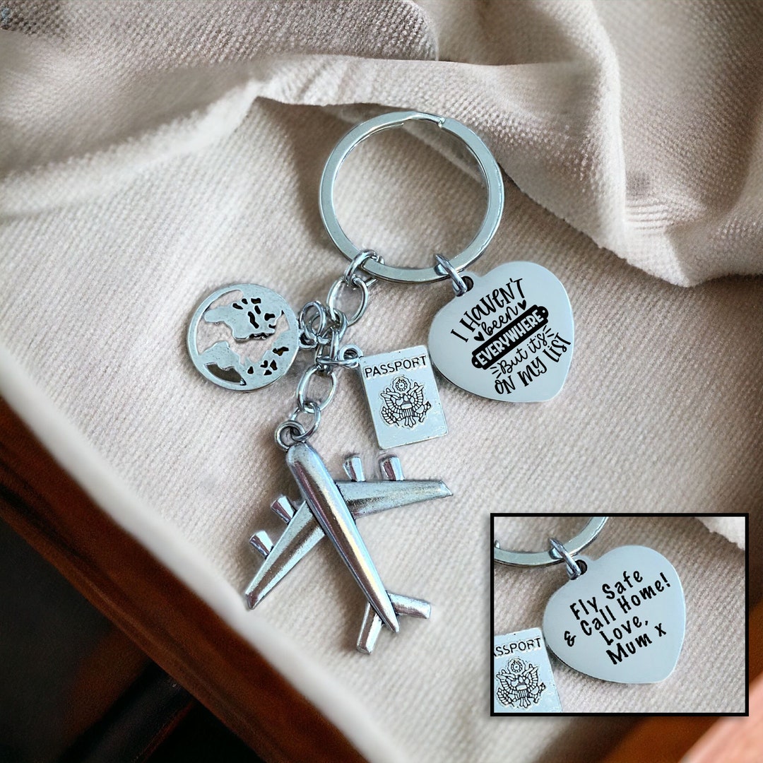 Personalised Travel Keyring: Stainless Steel Airplane, Globe & Passport ...