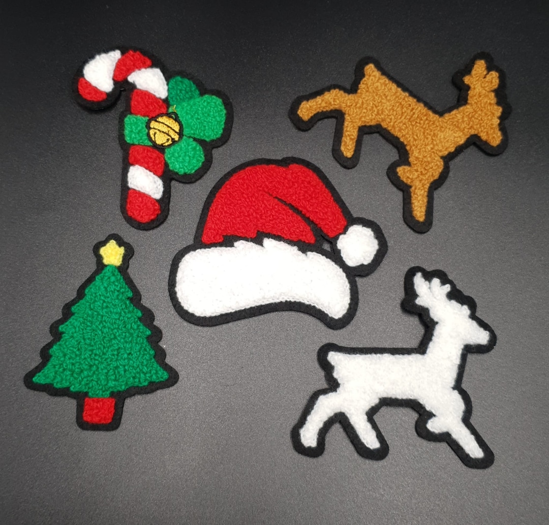 Christmas Chenille Patch Reindeer Santa Hat Patches Iron on Tree Cane Embroidery Gift - Etsy