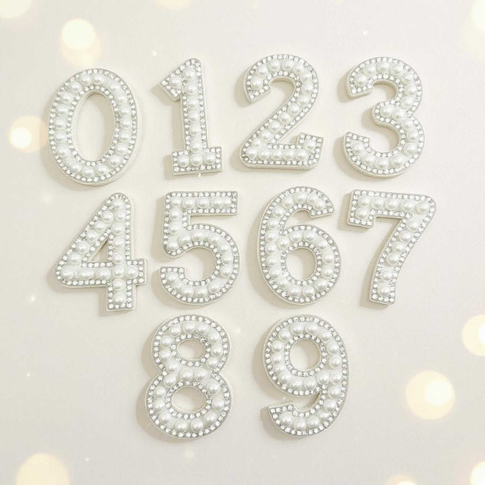 White Pearl Silver Rhinestone Sparkle 4.6cm Number Patches Alphabet ...