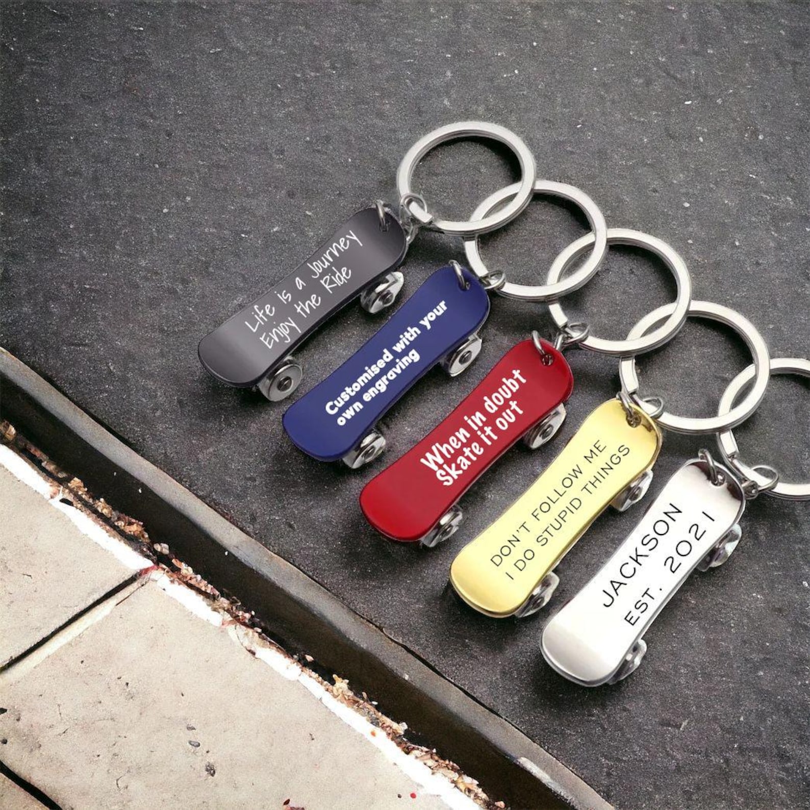 Custom Engraved Skateboard Keyring: Personalised Stainless Steel Charm ...