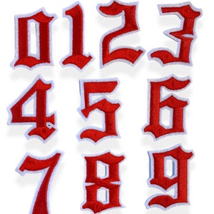 Number Red & White Patch Patches Iron on / Sew on Old English Retro Alphabet Embroidery Clothes ...