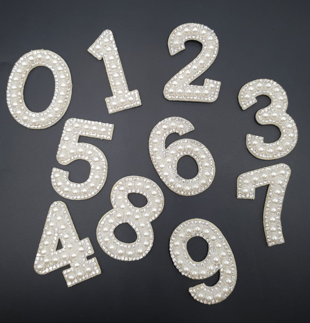 White Pearl Silver Rhinestone Sparkle 4.6cm Number Patches Alphabet ...