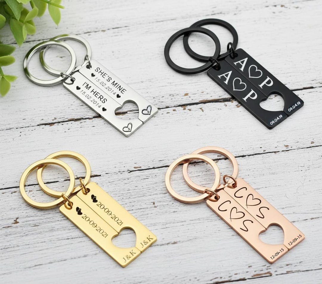 Personalised Heart Couple Keychain Set, Custom Keyring, Personalised ...