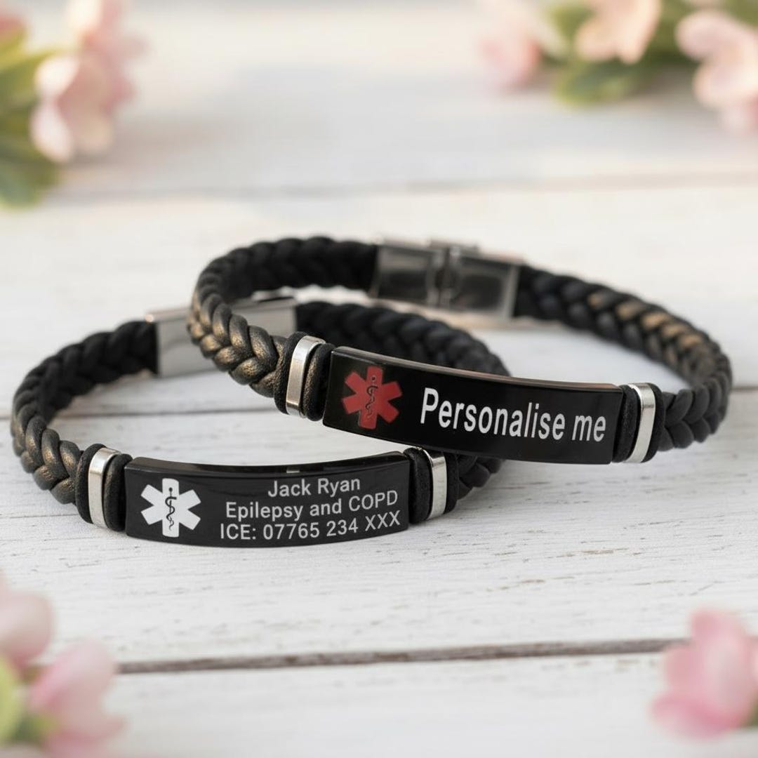 Personalised Medical Alert Bracelet Leather Customised Engraving ...