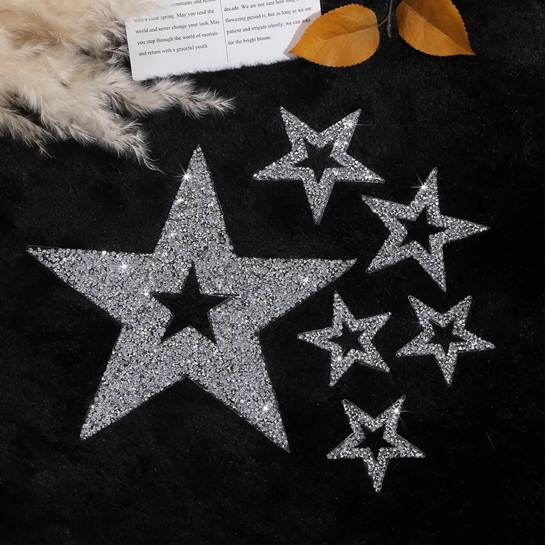 Rhinestone Sparkle 20cm Silver Star Space Patch Patches Iron on Clothes ...