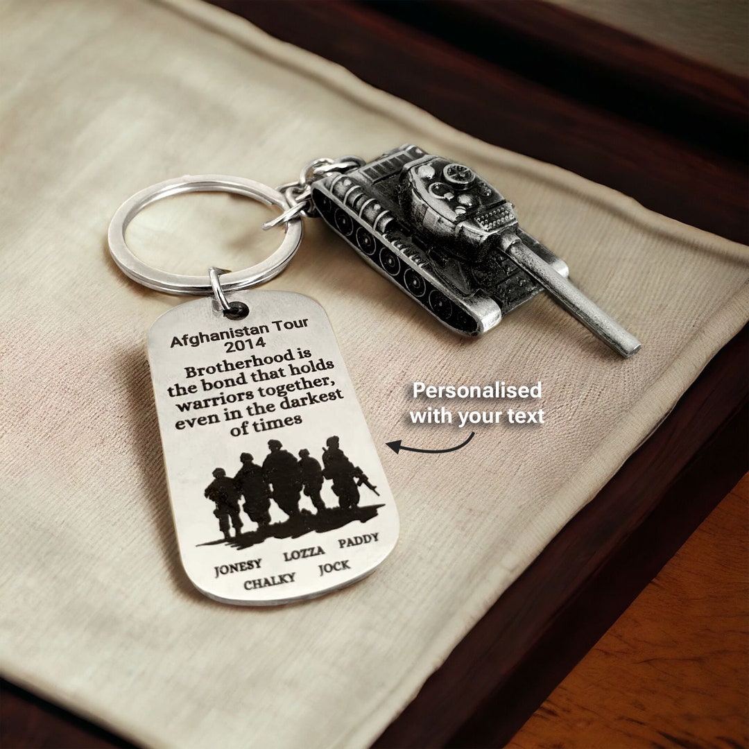 Personalised Army Military RAF Keyring, Tank Charm, Customised Engraved ...