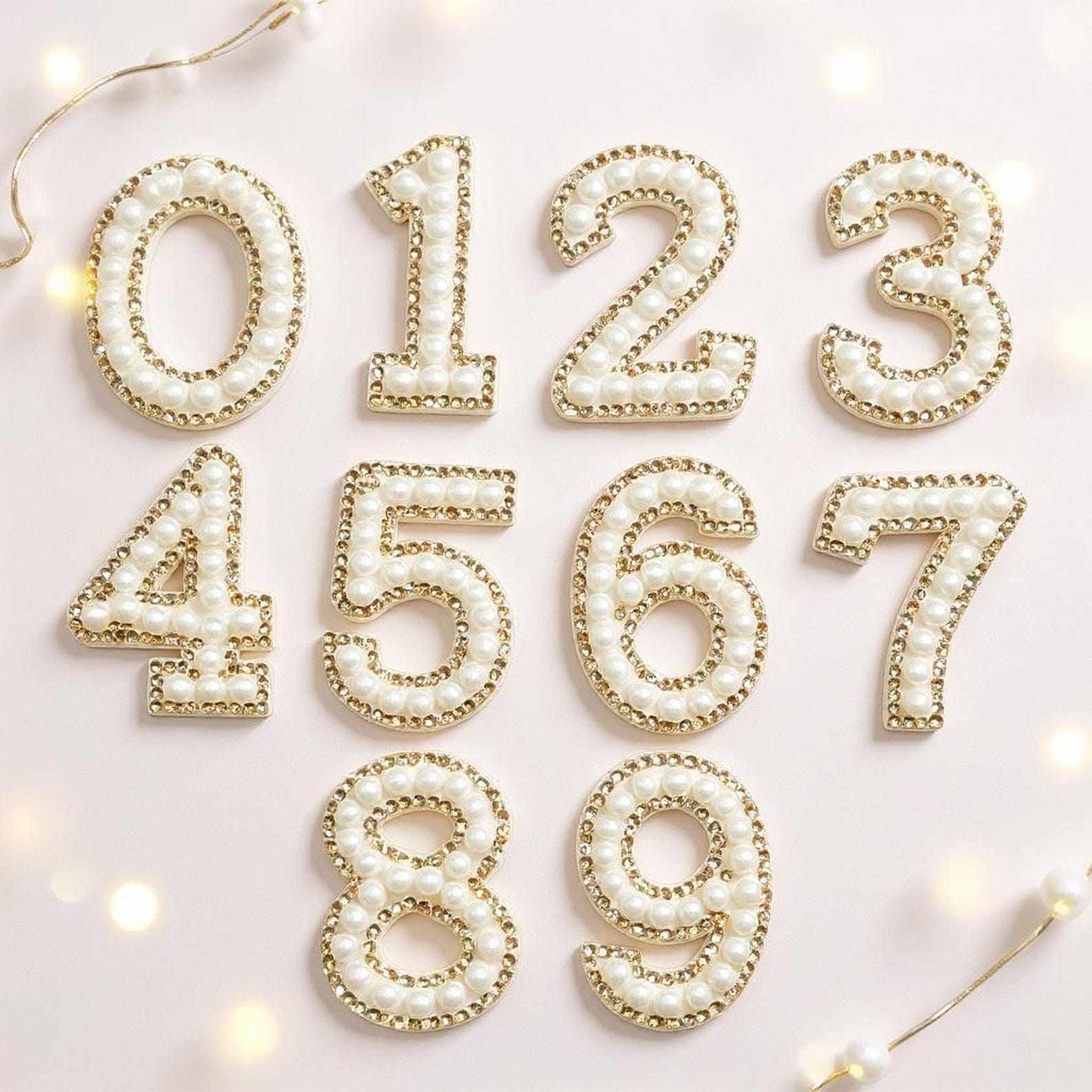 White Pearl Gold Rhinestone Sparkle 4.6cm Number Patches Alphabet ...
