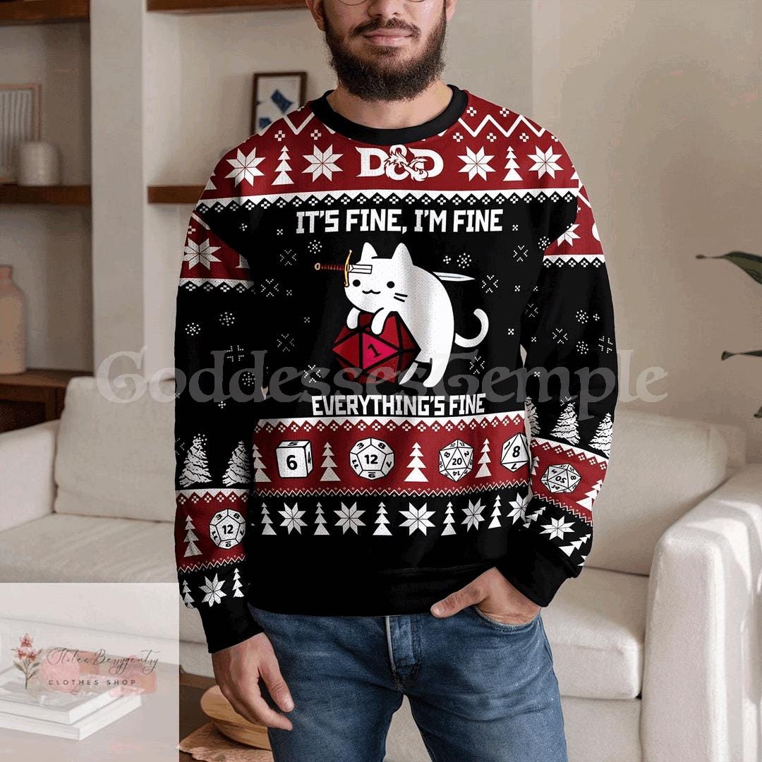 Dungeons and Dragons Christmas Ugly Sweater, Cat DND Dice Game ...