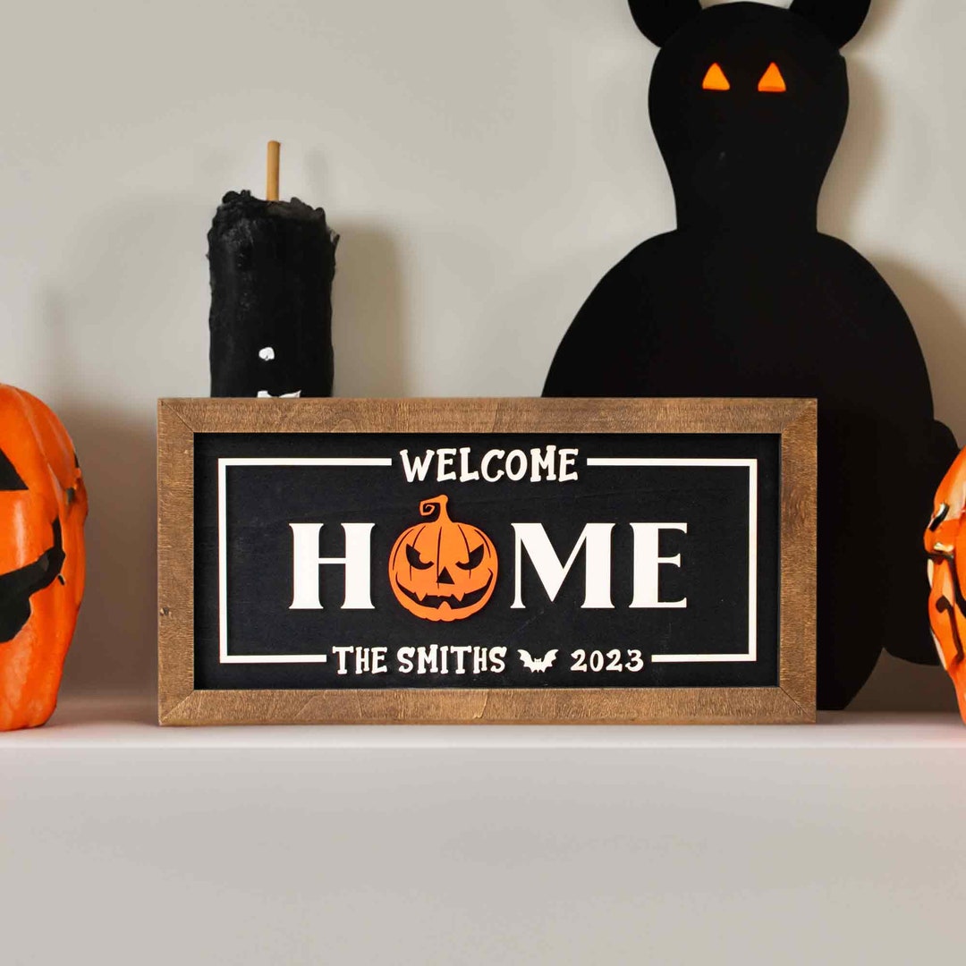 Halloween Welcome Sign 3D Wood Decor for Front Door Personalized Family ...