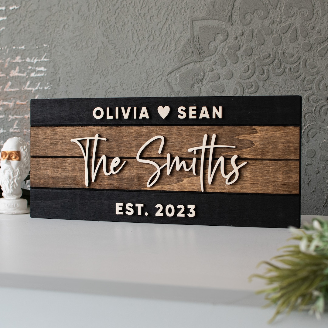 Custom Last Name Sign in Black & Walnut, Wooden Last Name Sign for New ...