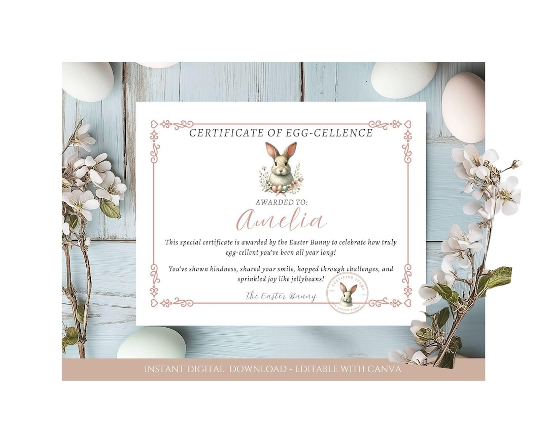 Editable Easter Bunny Certificate Printable, Digital Download ...