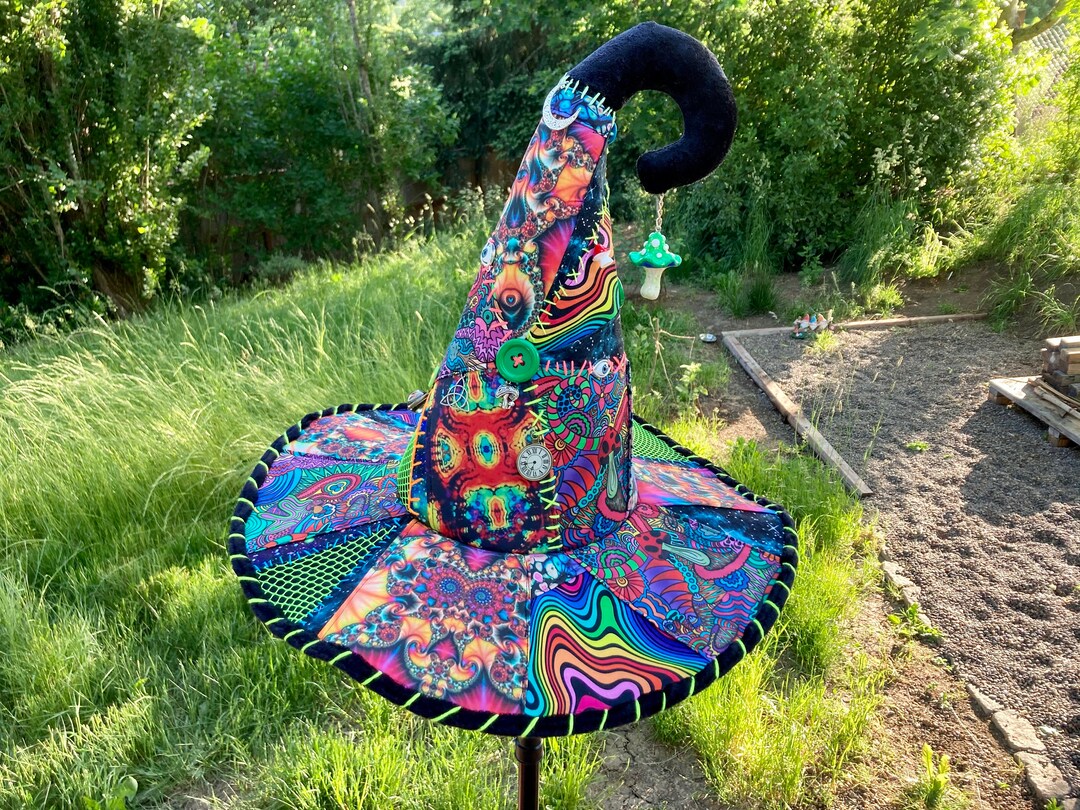 Psychedelic Rainbow Patchwork Witch and Wizard Hat With Mushroom Charms ...