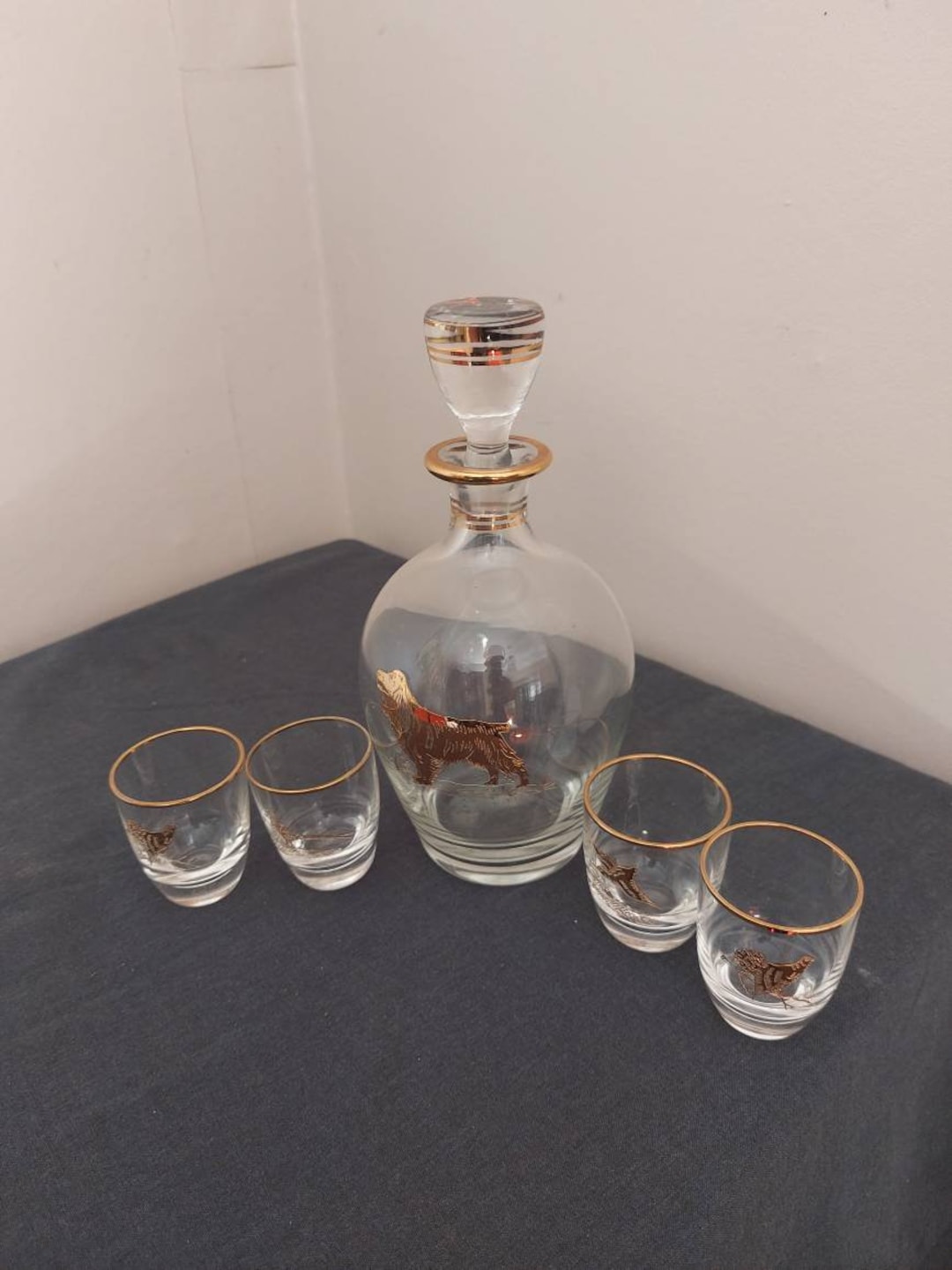 Fantastic Mid-century Half Decanter With 4 Shot Glasses. French Gold ...