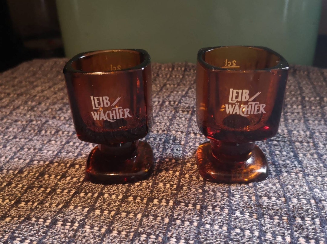 Pair of Vintage Pedastel Base Square Amber Shot Glasses. Leib Wachter ...