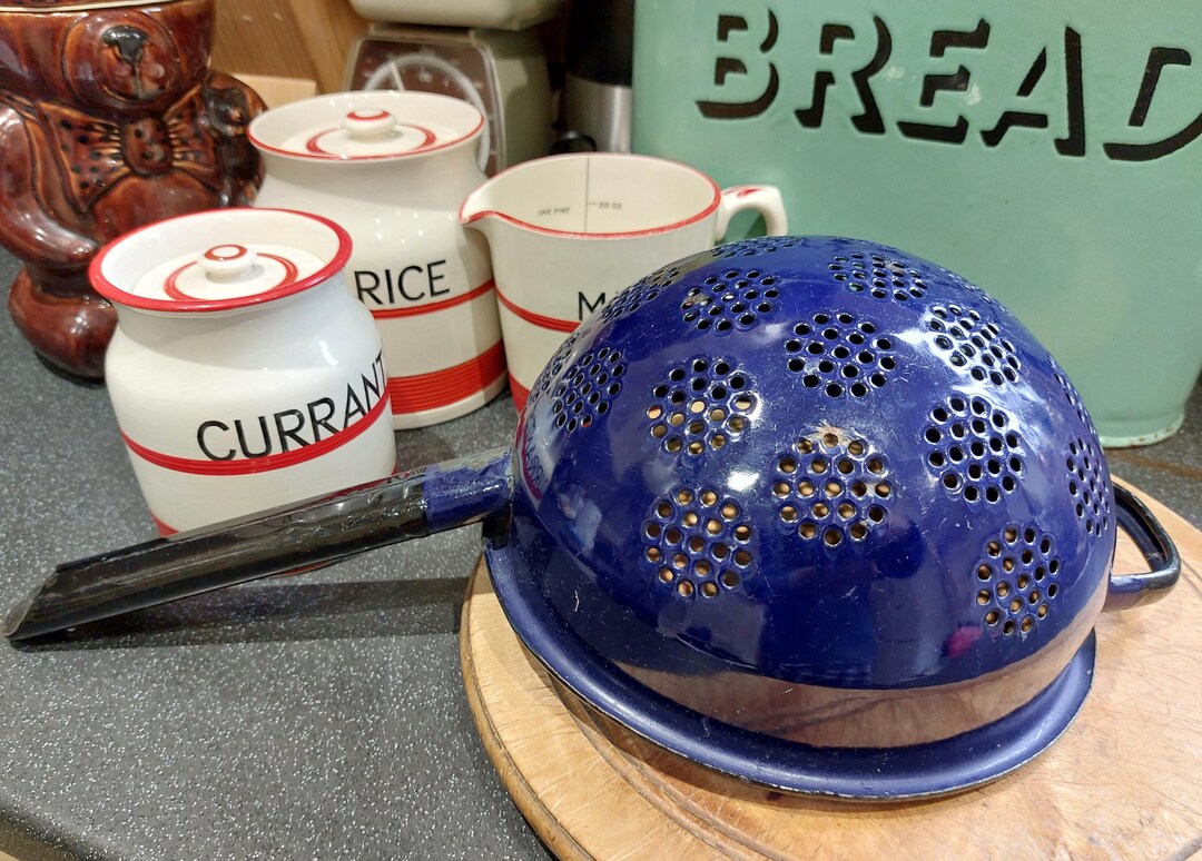 Vintage Enamelware Colander, Vintage 1980s Blue and Black Colander ...