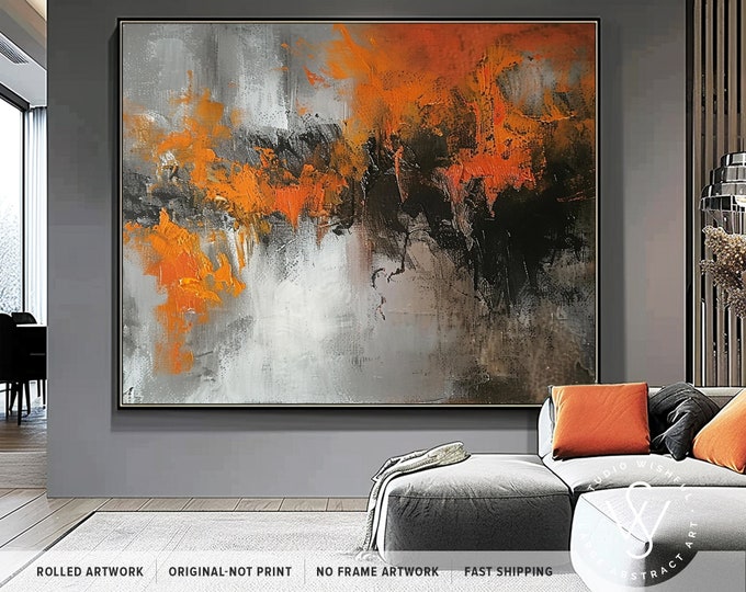 Oversized Fire Red & Grey Canvas Wall Art, Extra Large Original Canvas ...