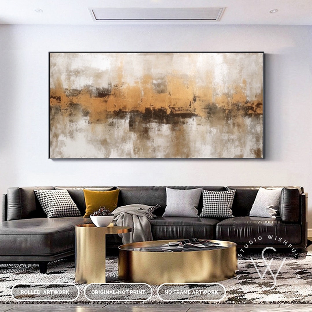 Beautiful Gold & Brown Canvas Wall Art, Oversized Beige Artwork on ...