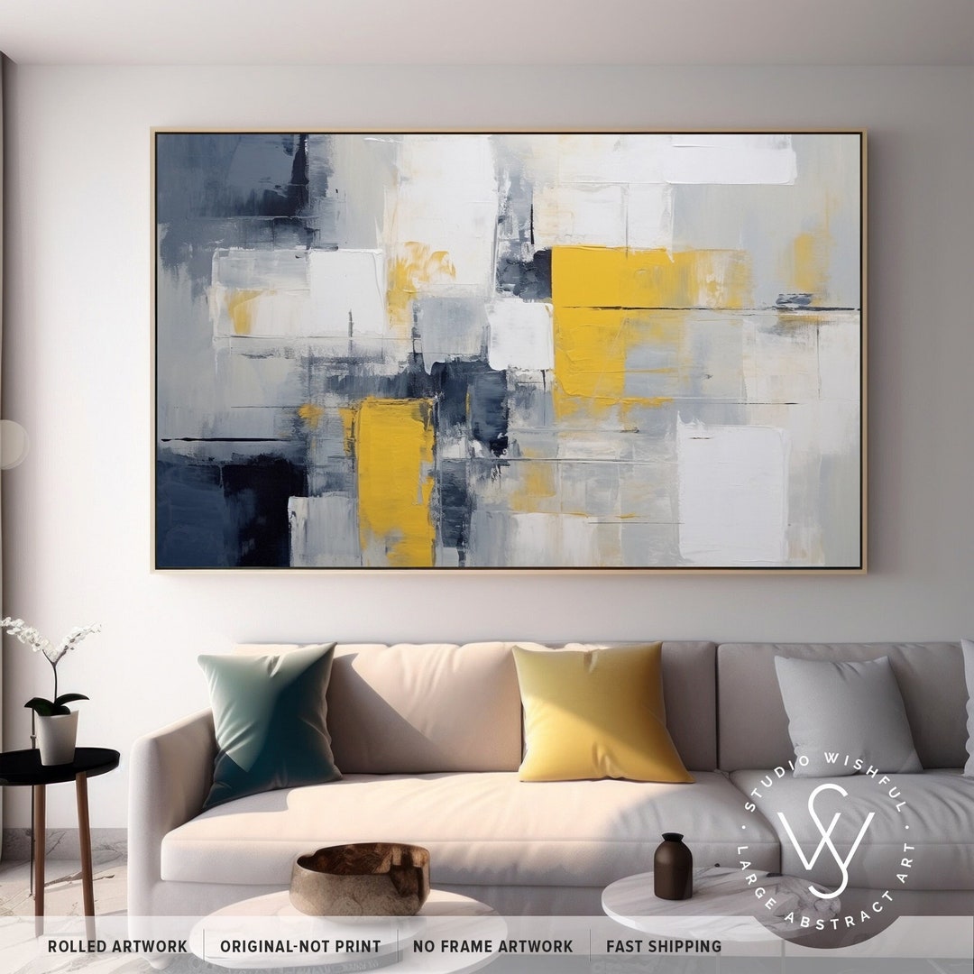 Hand-painted Grey & Yellow Abstract Canvas Art, Modern Luxury Minimal ...