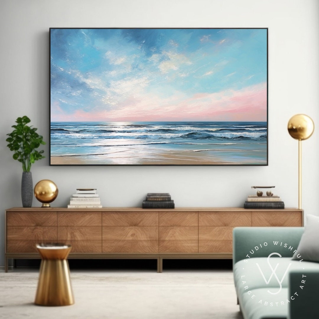 Original Blue Sky Landscape Painting on Canvas, Extra Large Beach ...