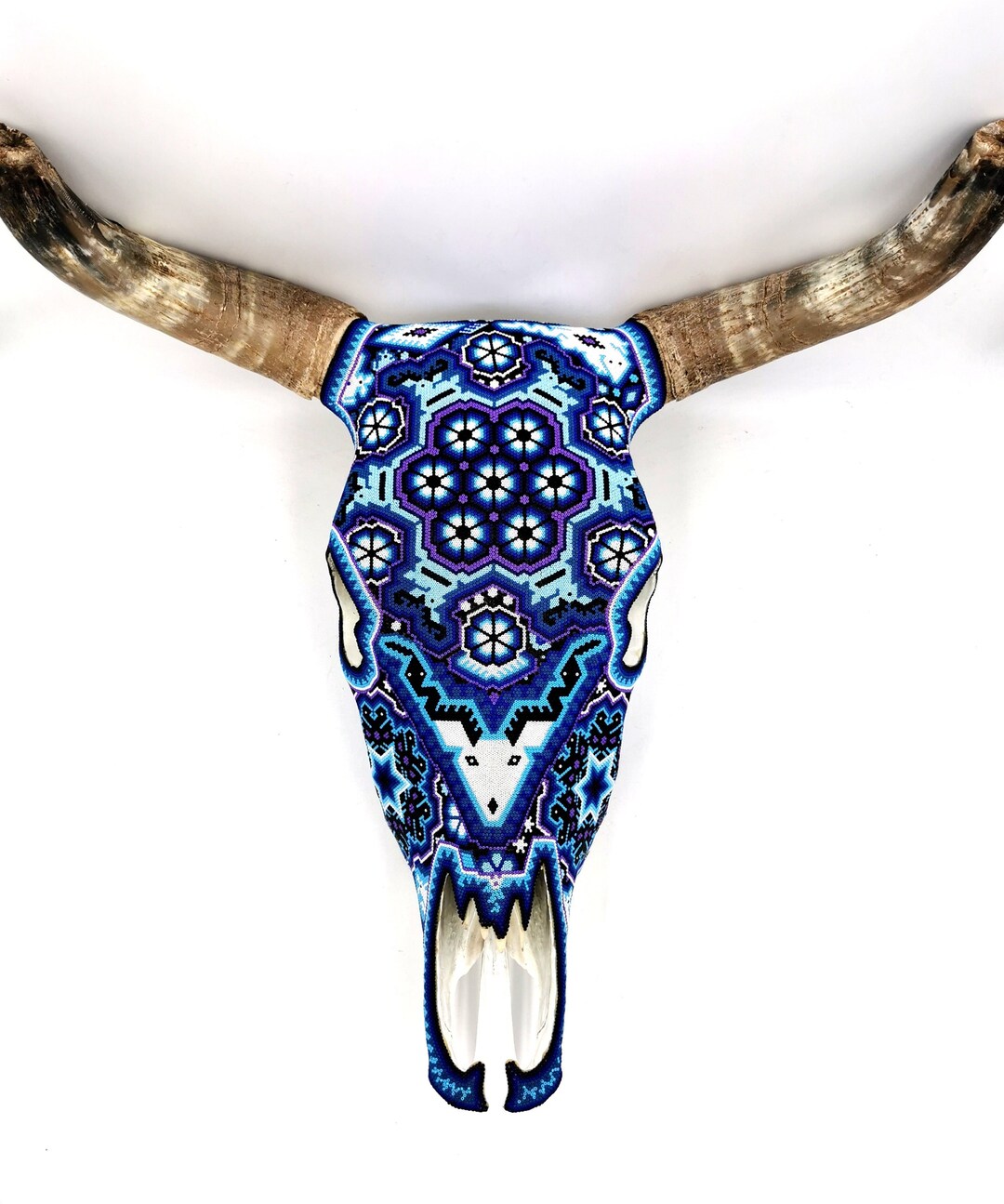 Huichol Art purple Blue Cow Skull - Etsy
