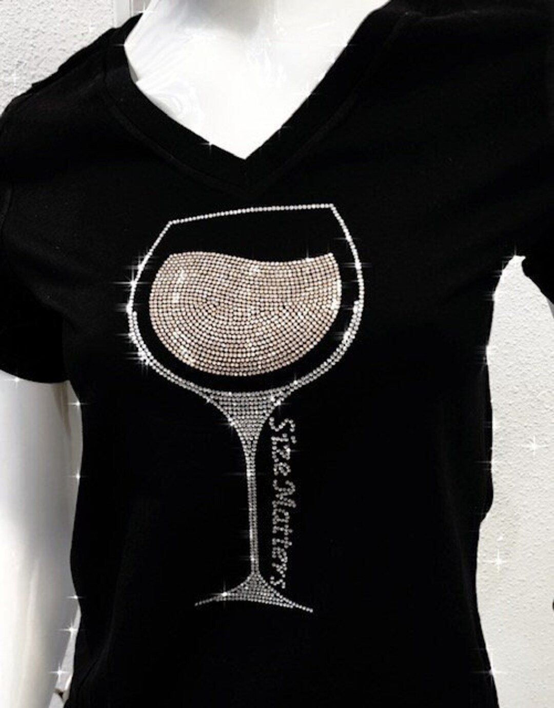 Big Rhinestone Wine Glass Tshirt, Fun Wine Shirt, Size Matters Wine ...