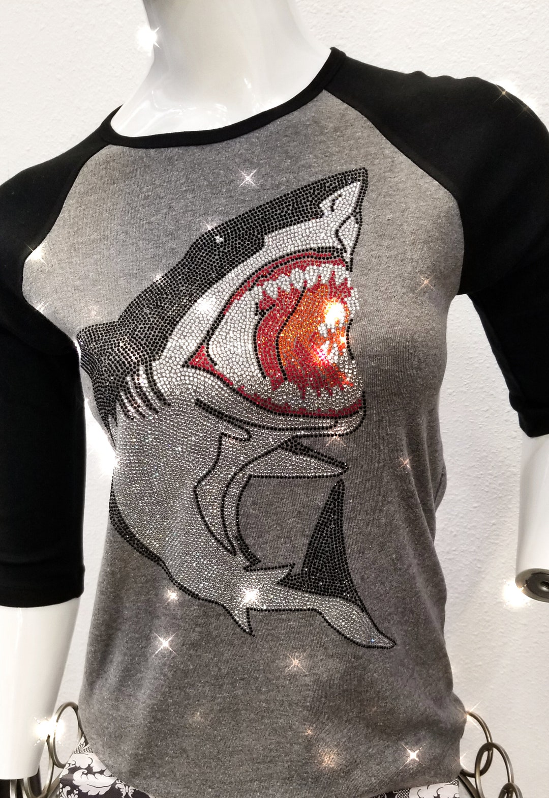 Jaws Bling Shirt, Rhinestone Shark Baseball Tee, Crystal Shark on ...