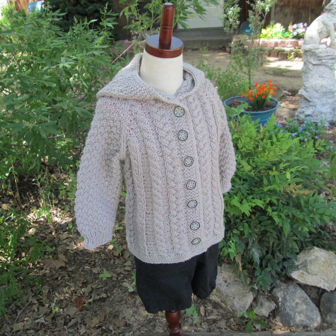 Hooded Jacket, Size 5T, Hand-knit Jacket With Hood in Lt. Gray, Long ...