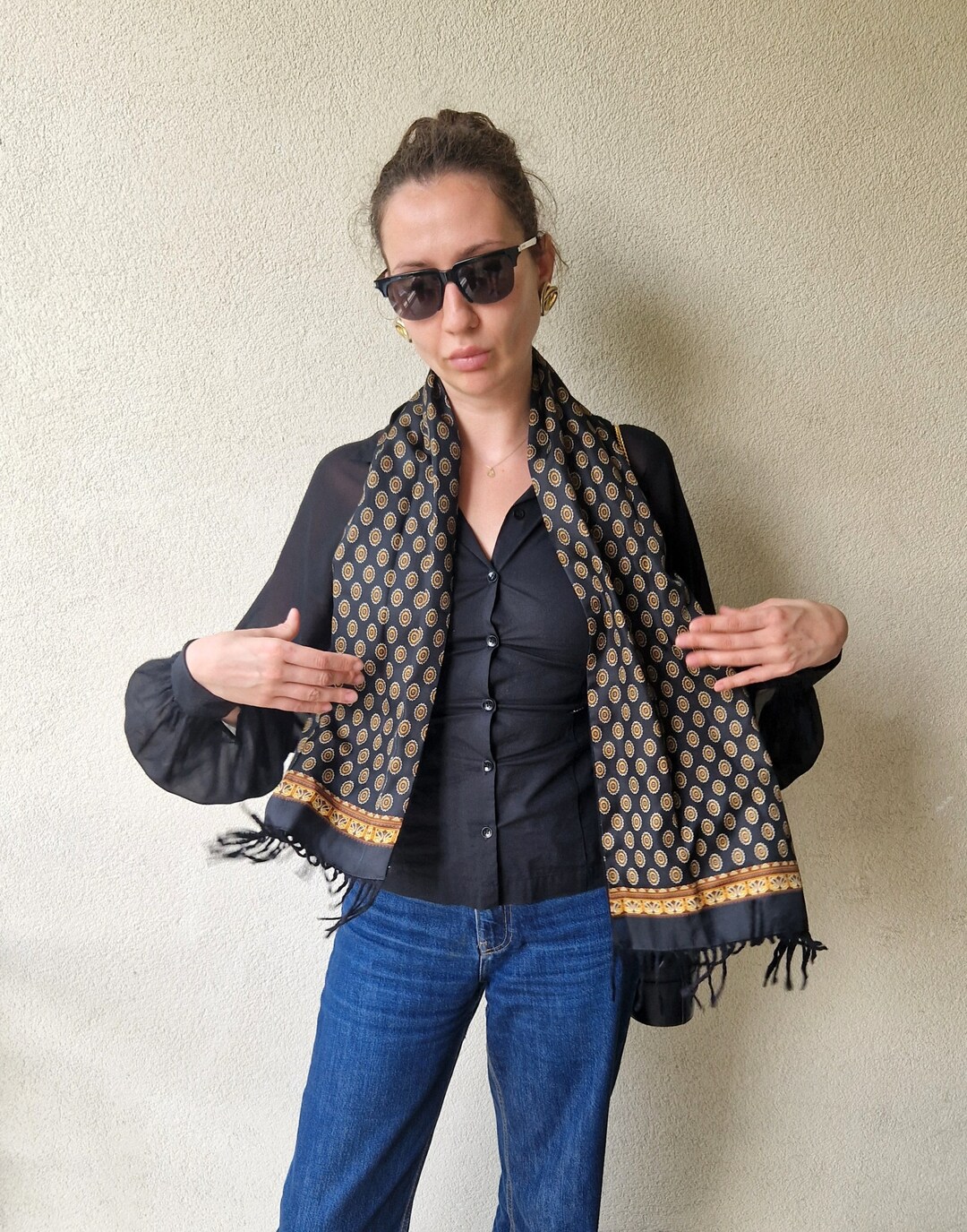 80s/90s Vintage Black and Gold Patterned Scarf With Fringe. - Etsy