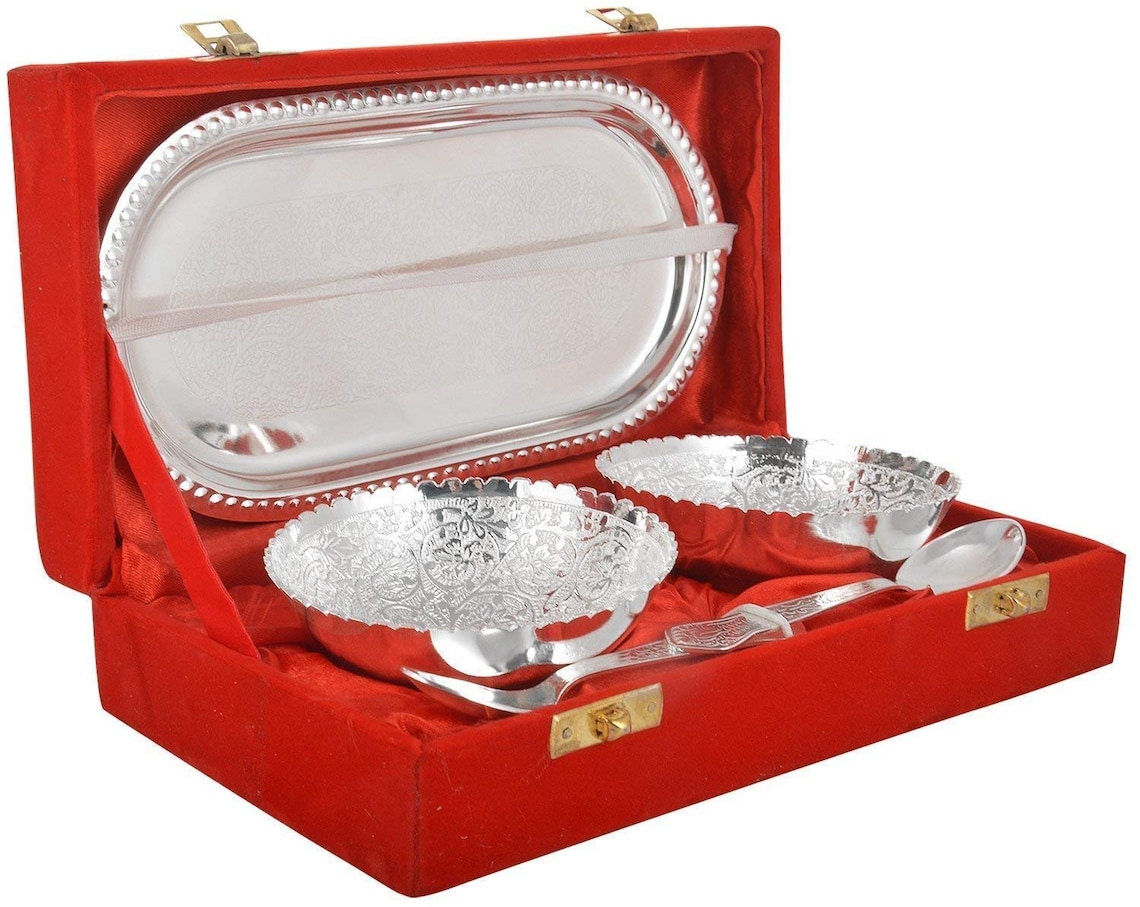 Silver Plated Round Shaped Bowl and Tray Set Dry Fruit Bowl Set, Diwali ...