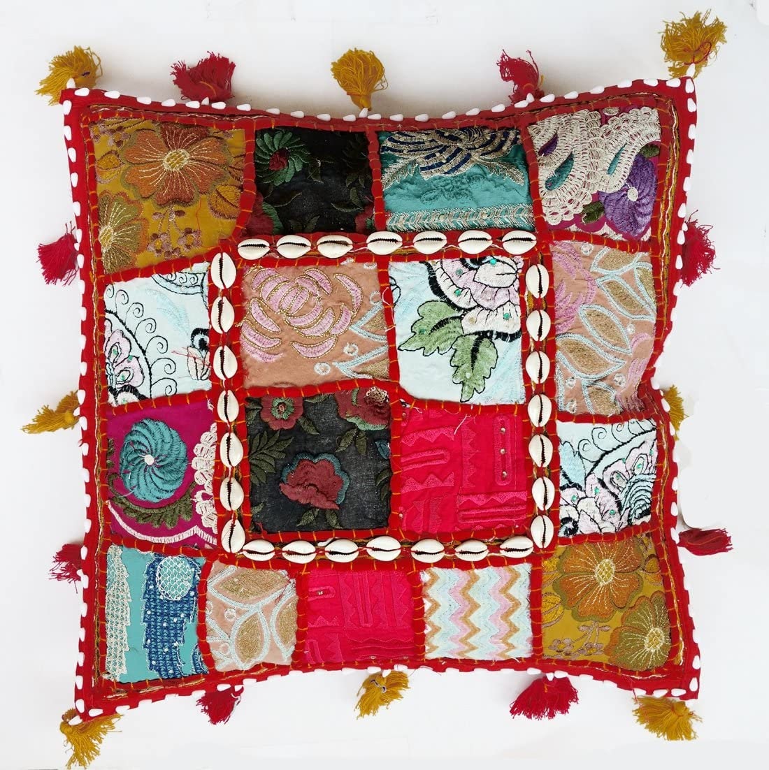 Multi Color Sari Patchwork Cushion Cover Cowrie Shell Work | Etsy