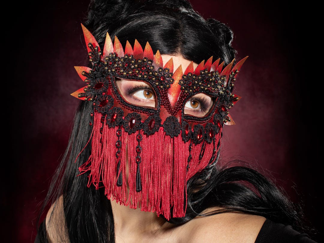Fire Red and Gold Masquerade Mask With Red Fringe and Lace Accents - Etsy