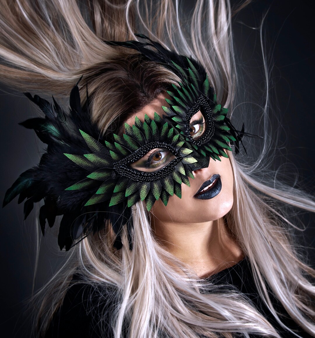 Green Masquerade Black Bird Feather Mask - Etsy