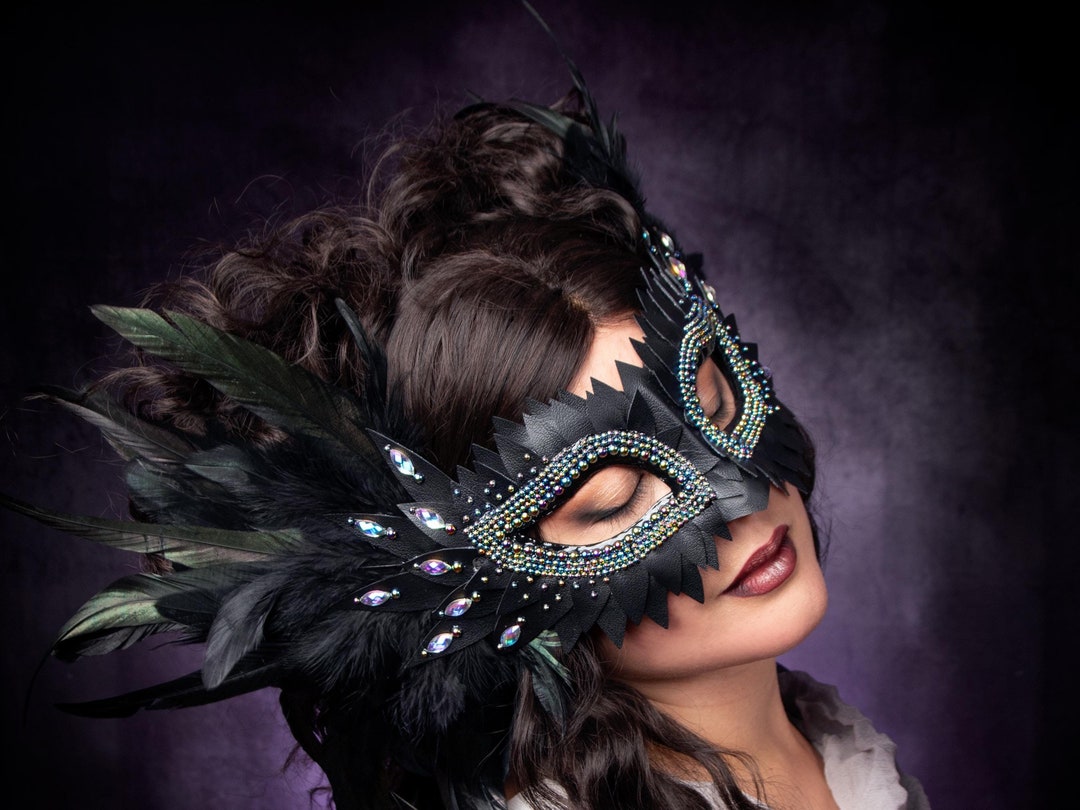 Holographic Bead Masquerade Mask: Black Feather Party Mask - Etsy