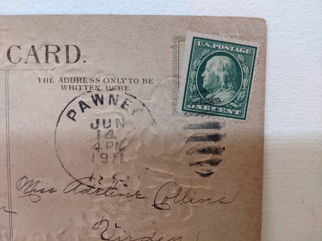 1911 Benjamin Franklin One Cent Stamp Green Postcard Pawnee IN to ...