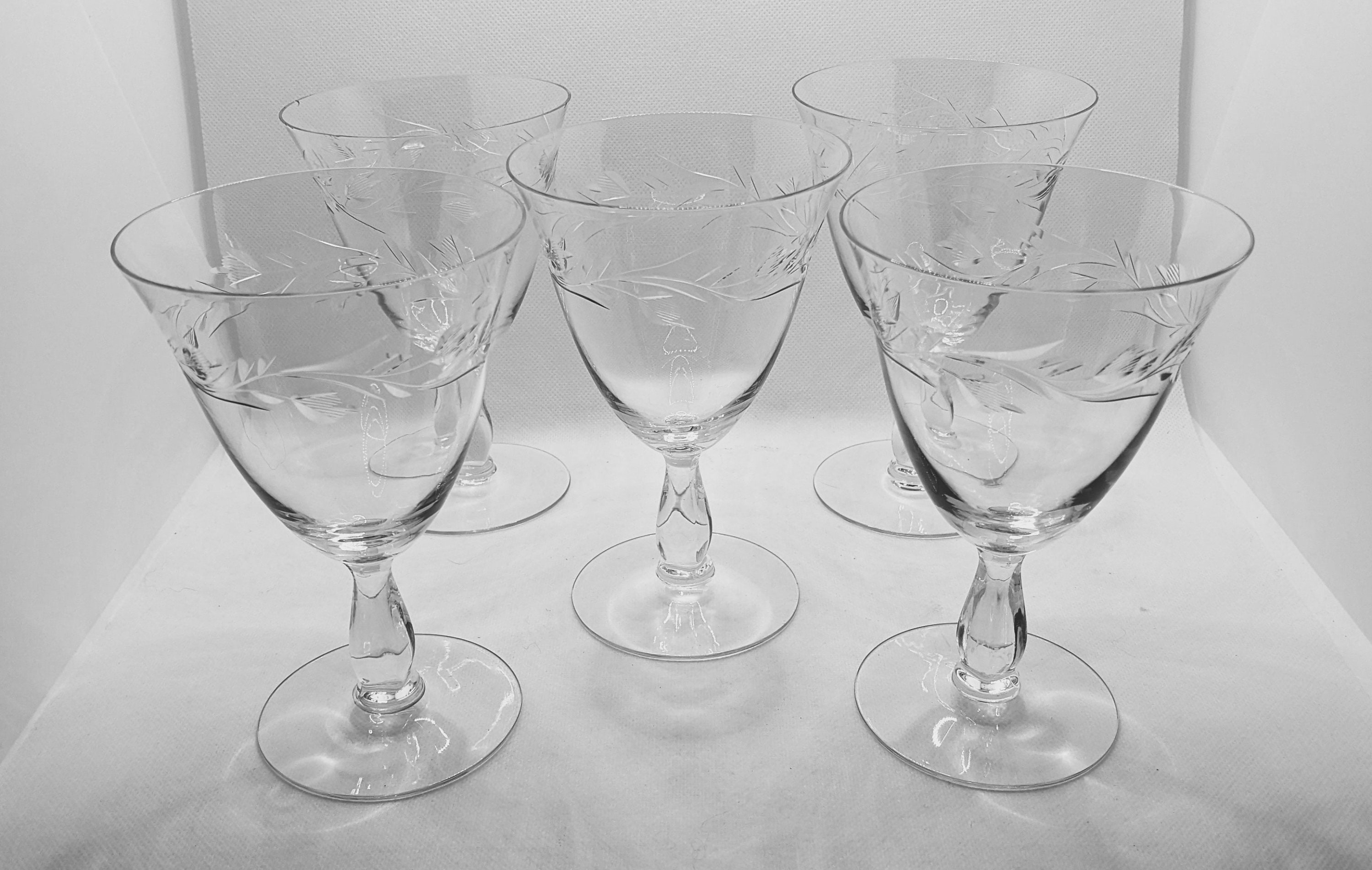 1955-1958 Cambridge Crystal Goblets Set 5 Lynbrook 3790 Etched Glass ...