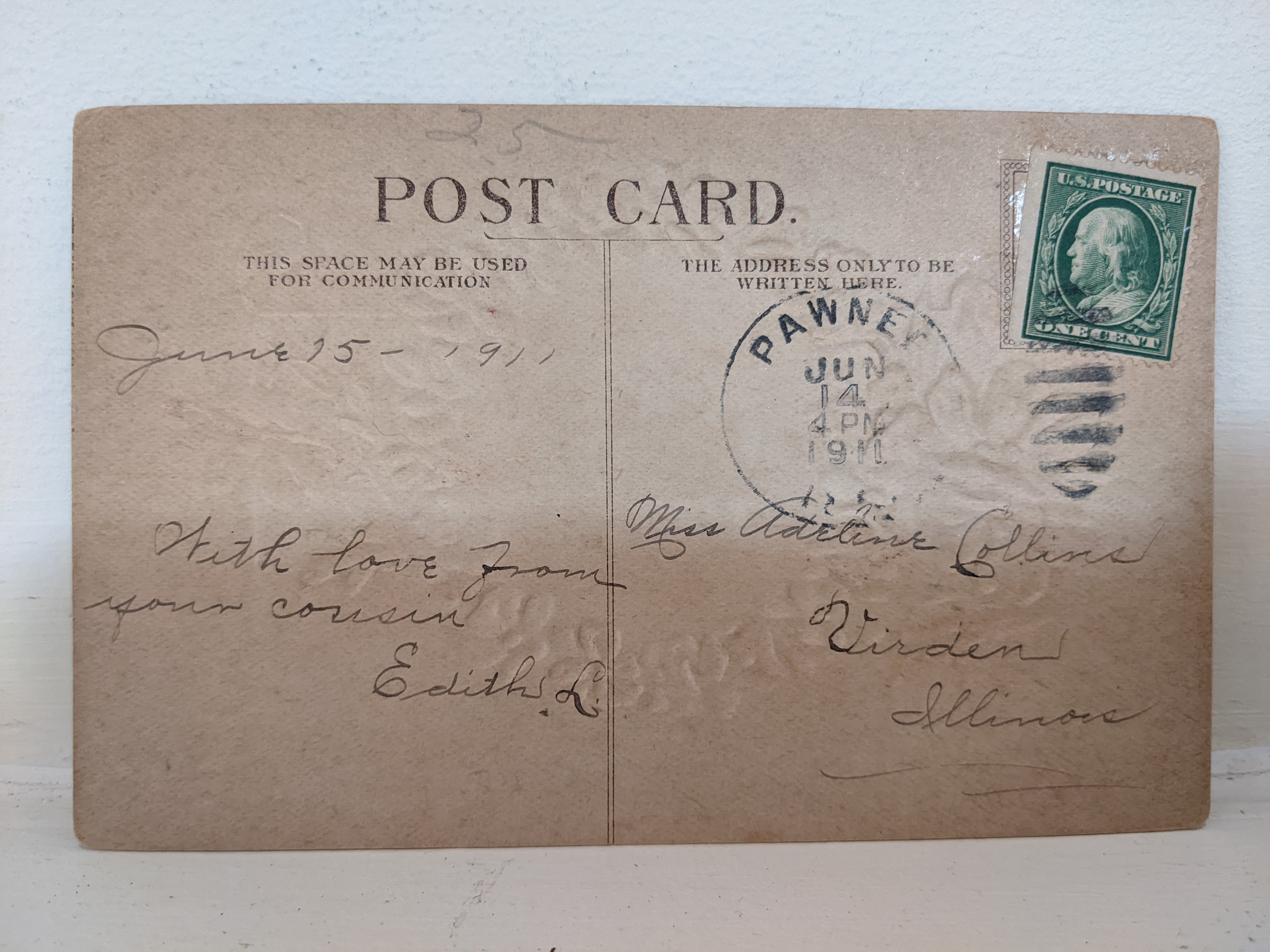 1911 Benjamin Franklin One Cent Stamp Green Postcard Pawnee IN to ...