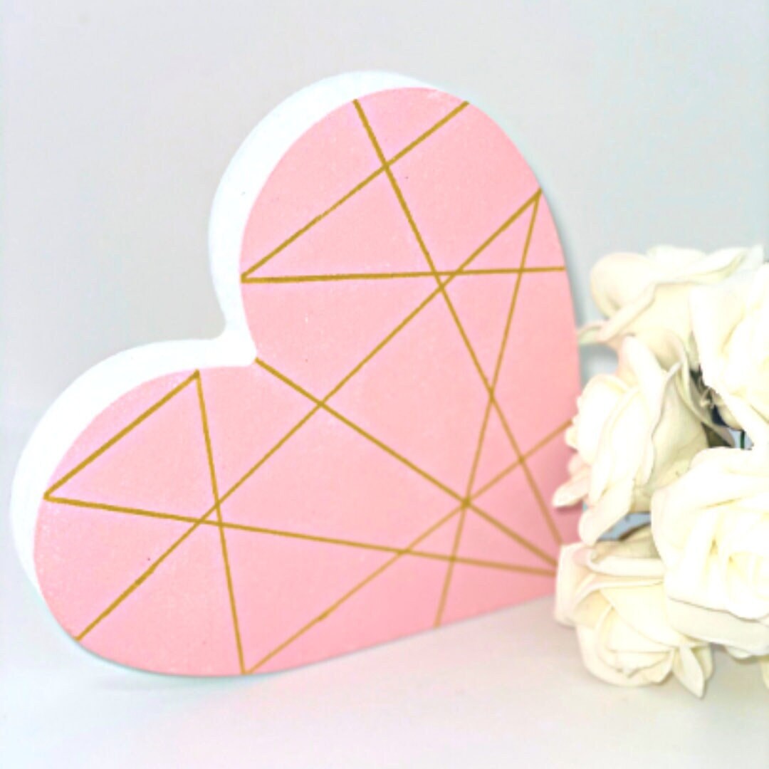 Pink & Gold Geometric Heart, 15cm Wooden Heart Decoration, 3D ...